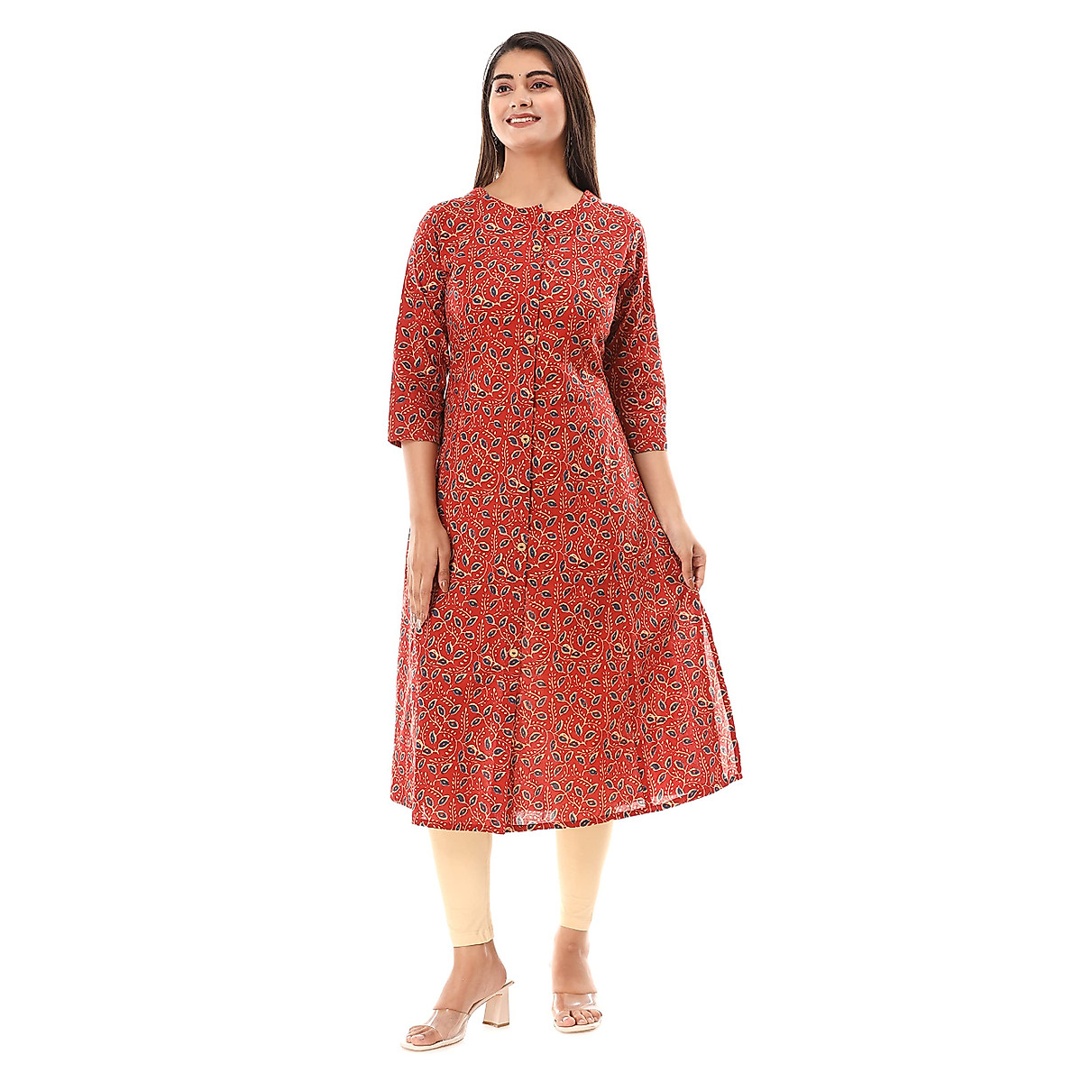 Vihaan Impex Printed Casual Red Floral Kurti for Women Long Kurta Tunic 3/4 Sleeve (as1 alpha l regular regular)