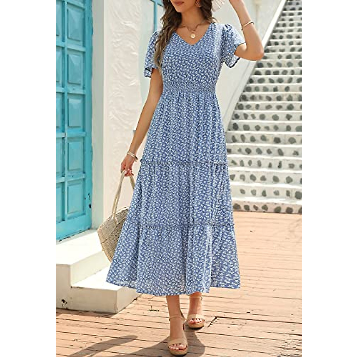 Zattcas Womens 2023 Summer Casual Long Dress Short Flutter Sleeve V Neck Smocked Waist Tiered Flowy Modest Floral Boho Maxi Dress Blue L