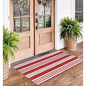 Striped Outdoor Rug for Porch 24"x51" Red and White Front Porch Rug Layered Doormat Cotton Woven Washable Throw Carpet for Hallway/Front Steps/Bathroom/Kitchen/Home Entrance