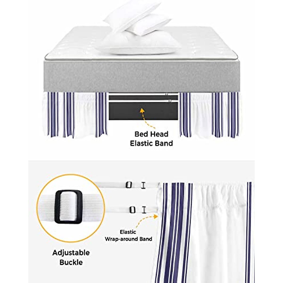 Navy Blue Stripes Bed Skirt King Size 16 Inch Drop, Adjustable & Elastic Wrap Around Bed Skirts Pleated Luxury Dust Ruffles for Twin Full Queen Cal King Base Bed, White Abstract Modern Geometric Art