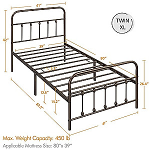 Topeakmart Twin XL Size Victorian Style Metal Bed Frame with Headboard/Mattress Foundation/No Box Spring Needed/Under Bed Storage/Strong Slat Support Bronze