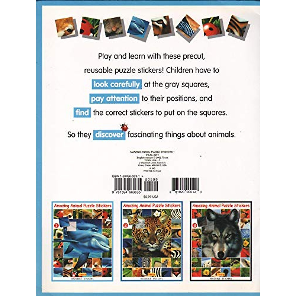 3 PACK Amazing Animal Puzzle Stickers 1,2 & 3