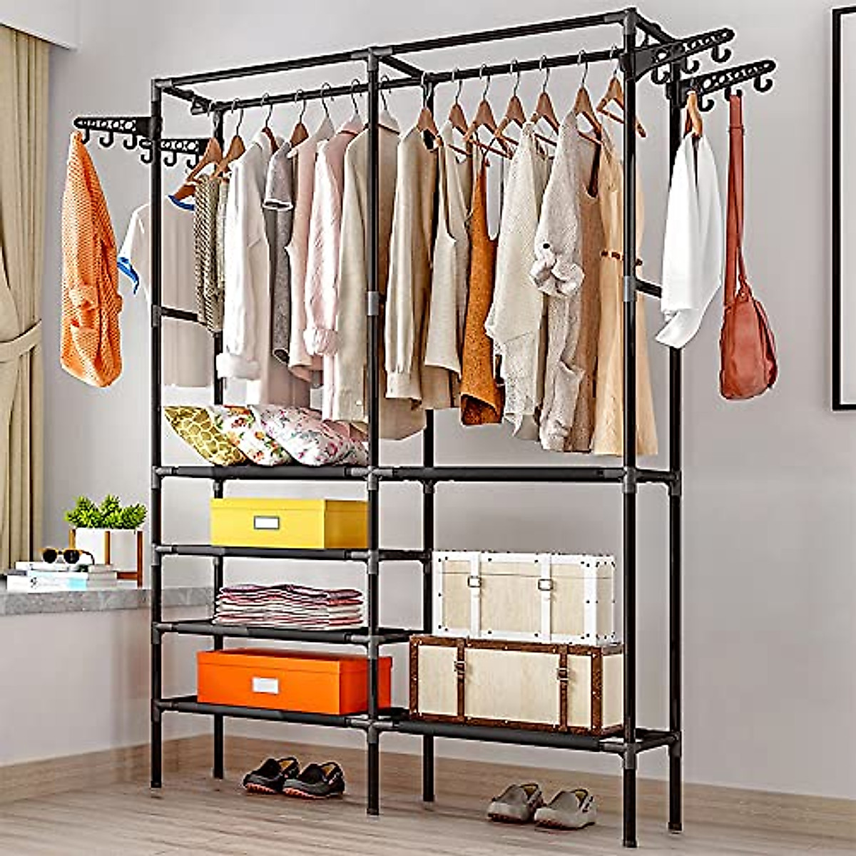 MOAMUN Metal Garment Rack Clothing Hanging Rack Free Standing Clothing Hanger with Top Rod,Lower Storage Shelves for Home Bedroom Laundry (Black)