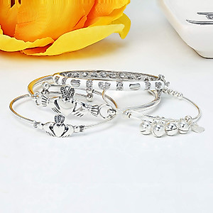 Bling Jewelry Traditional BFF Irish Lovers Heart Friendship Claddagh Bracelet Bangle For Women Teens Small Wrists 6.5 Inch Oxidized .925 Sterling Silver Adjustable