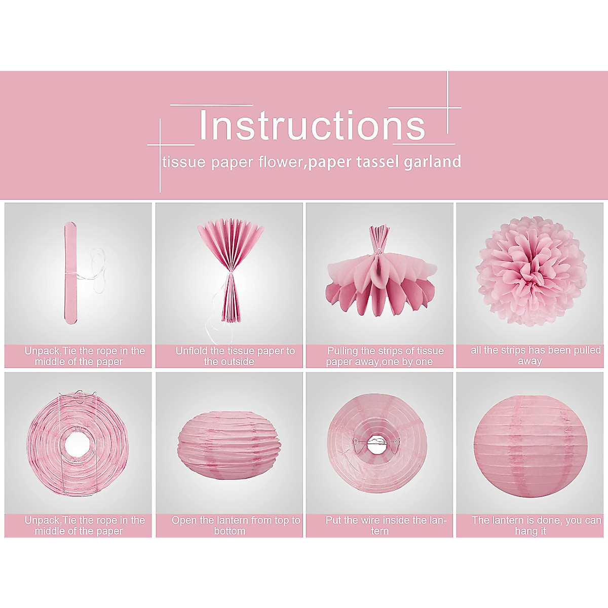 Rose-Gold Pink Burgundy Party Decorations - 15Pcs Tissue Pom Poms Paper Flowers Paper Lanterns Girl Birthday Baby Bridal Shower Bachelorette Engagement Wedding Mothers Day Valentines Galentines Decor