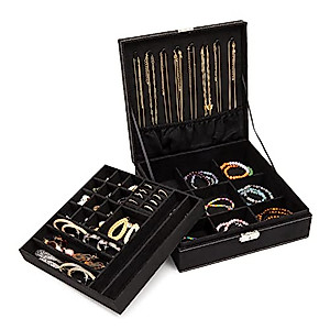 Black Jewelry Box with Lock and Key, 2 Layer Travel Display Case and Storage Organizer with Removable Tray for Earrings, Men, Girls, and Women (10.5x10.5x3.5 in)