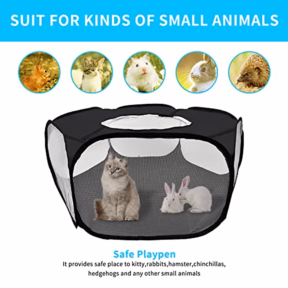 JIMEJV Guinea Pig Playpen, Waterproof Small Animals Playpen with Anti Escape Cover Portable Cat Playpen Breathable Indoor/Outdoor Yard Exercise Cage Tent for Hamster Puppy Chinchillas Rabbits(Black)