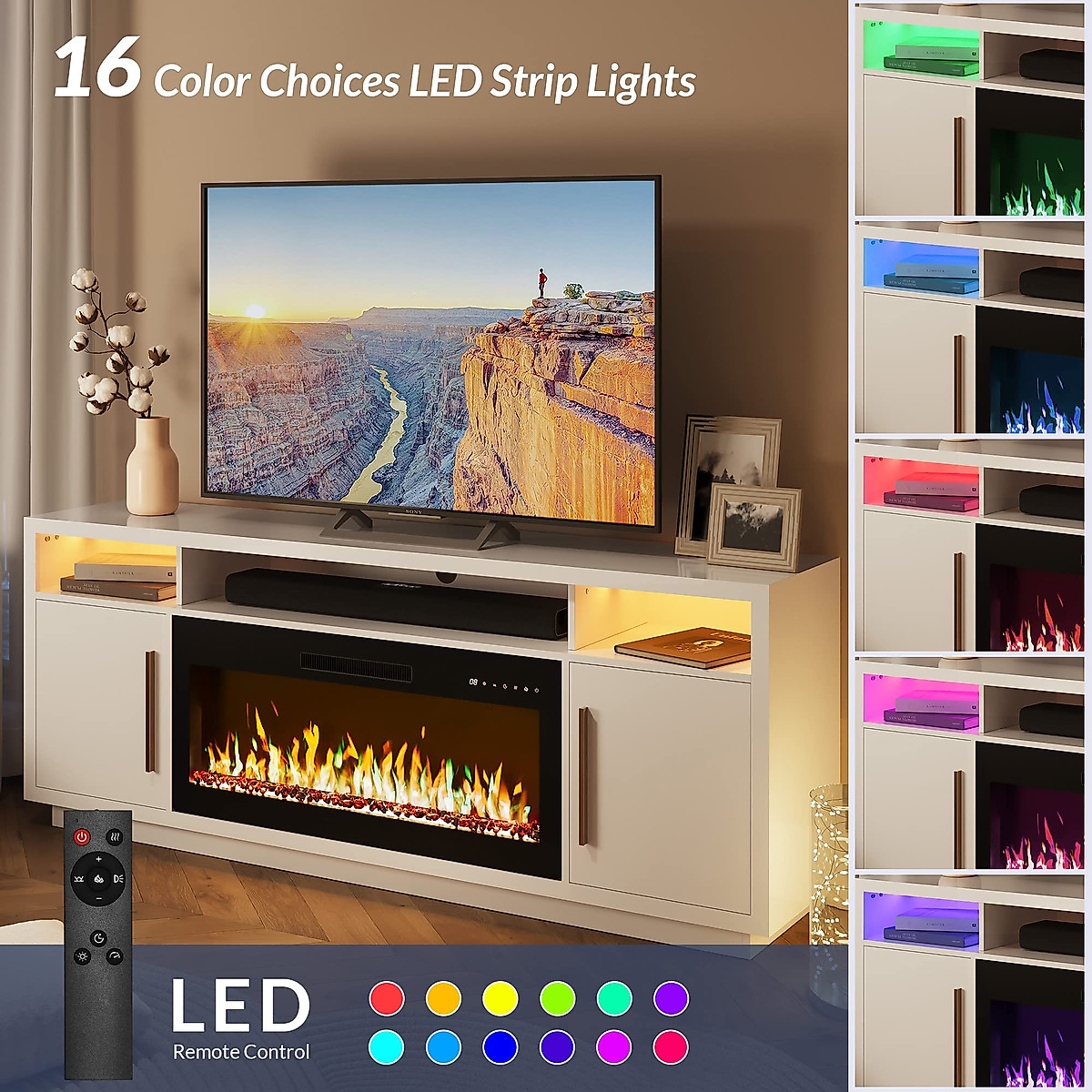 BELLEZE 70" Fireplace TV Stand for TVs Up to 80", LED Light Entertainment Center with 36" Electric Fireplace Heater, Storage Cabinet, Media Console Table for Living Room - Avenue (White)