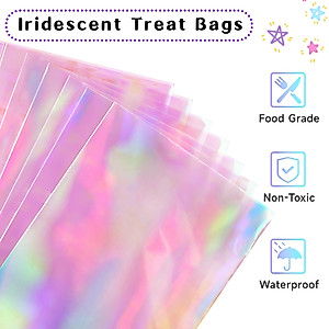 Ohuimrt Iridescent Cellophane Treat Bags, 5 x 11 Inches Plastic Holographic Goodie Bags, 100 PCS Party Favor Bags with 100 PCS Ties for Candies, Snacks, Small Gifts