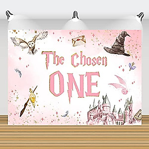 Wizard Birthday Backdrop for Girls Pink Witch Magic School of Wizardry The Chosen One Happy 1st Birthday Party Background Decorations Girl Birthday Cake Table Banner 7x5ft