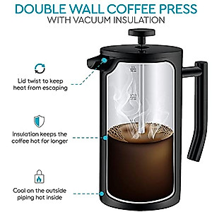 French Press Coffee Maker - Double Wall Insulated 304 Stainless Steel Coffee Maker 4 Level Filtration System - 2x Filter & Coffee Spoo Coffee Press Tea Makrer, 34oz (1 Litre) - Black
