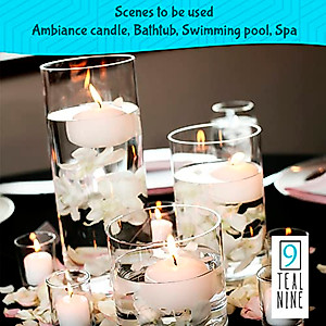 Premium 24 Piece 2 inch Unscented White Dripless Wax Burning Floating Candles Centerpieces, 4+ Hour Burn, Round Tealight Shaped Disks for Wedding, Parties, Special Occasions, Home Decoration TeaL NiNE