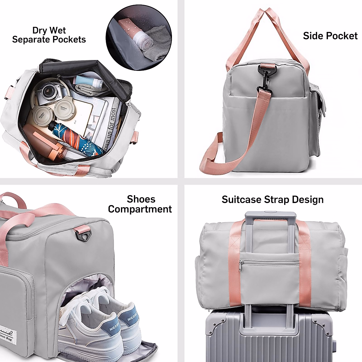 Suruid Travel Duffel Bag with Shoes Compartment Sports Gym Bag with Dry Wet Separated Pocket for Men and Women, Overnight Bag Weekender Bag Training Handbag Yoga Bag - Gray Pink