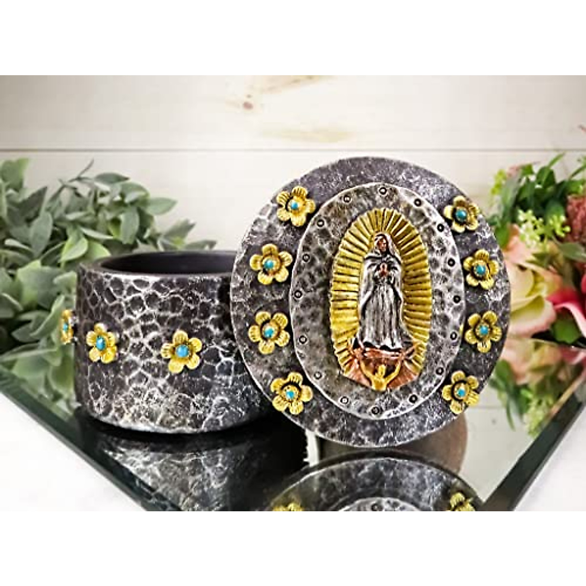 Ebros Gift Our Holy Lady Of Guadalupe Decorative Round Jewelry Rosary Box 3.25" Long Catholic Religious Inspirational Blessed Virgin Mary Mother Of Jesus Keepsake Trinket Keys Organizer Box Figurine