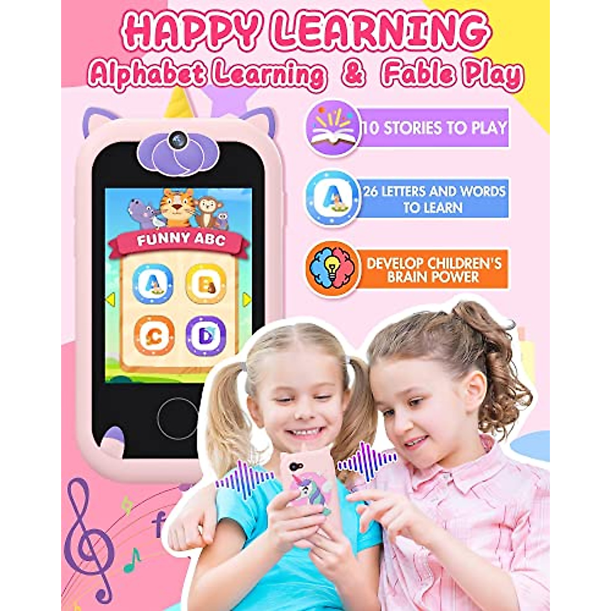 Joozfee Kids Smart Phone for Girls Unicorns Gifts for Girls Toys 8-10 Years Old Phone Touchscreen Learning Toy Christmas Birthday Gifts for 3 4 5 6 7 8 9 Year Old Girls with 8G SD Card (Unicorns)