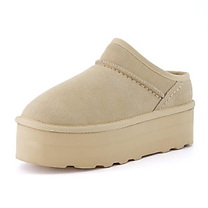 CUSHIONAIRE Women's Huggy Genuine Suede Cozy Mule Platform +Memory Foam, Wide Widths Available, Sand 7.5