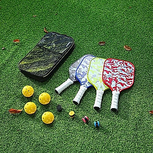 INSUM Camouflage Graphite Fiberglass Pickleball Paddles - Set of 4 Lightweight Paddles,4 Pickleball Balls,4 Overgrips with Cover Bag Pickleball Multiple Colors for Beginner