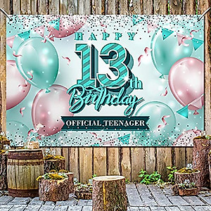 Happy 13th Birthday Banner Backdrop Official Teenager 13 Years Old Pink and Teal Background Bday Decorations for Girls Photography Party Supplies Glitter