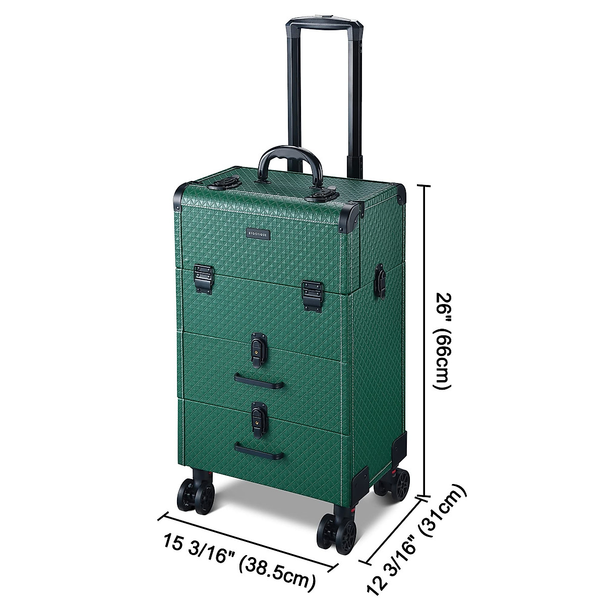 BYOOTIQUE Rolling Makeup Train Case Lockable Portable Cosmetic Organizer Trolley 2 Drawer Beauty Salon