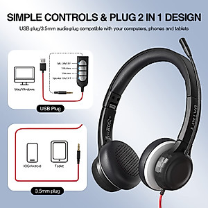 DATAFY USB Headset with Microphone for PC, in-line Wired Computer Laptop Headphones with Noise Cancelling Microphone, Business Headset for Home Office, Online Class Skype Zoom, Foldable On Ear Design