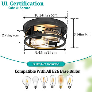 Baocuz 2-Light Flush Mount Ceiling Light Fixture, Farmhouse Light Fixtures Ceiling Mount for Hallway, Metal Cage Black Ceiling Lighting Lamp for Kitchen, Living Room, Entryway (2 Pack)