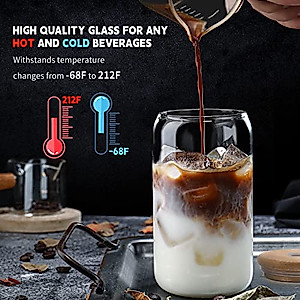 YYC Glass Cups with Lids and Straws 4pcs[Coffee Accessories Gifts],16oz Iced Coffee Cups with Lids-Beer Can Glass with Lids and Straw,Cute Glass Cups Drinking Glasses Set w Silicone Sleeve/Stickers