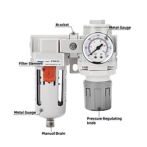 NANPU 1/2" NPT Compressed Air Filter Regulator Combo Piggyback, 5 Micron Element, Poly Bowl, Semi-Auto Drain, Bracket, Gauge (ARF4000)