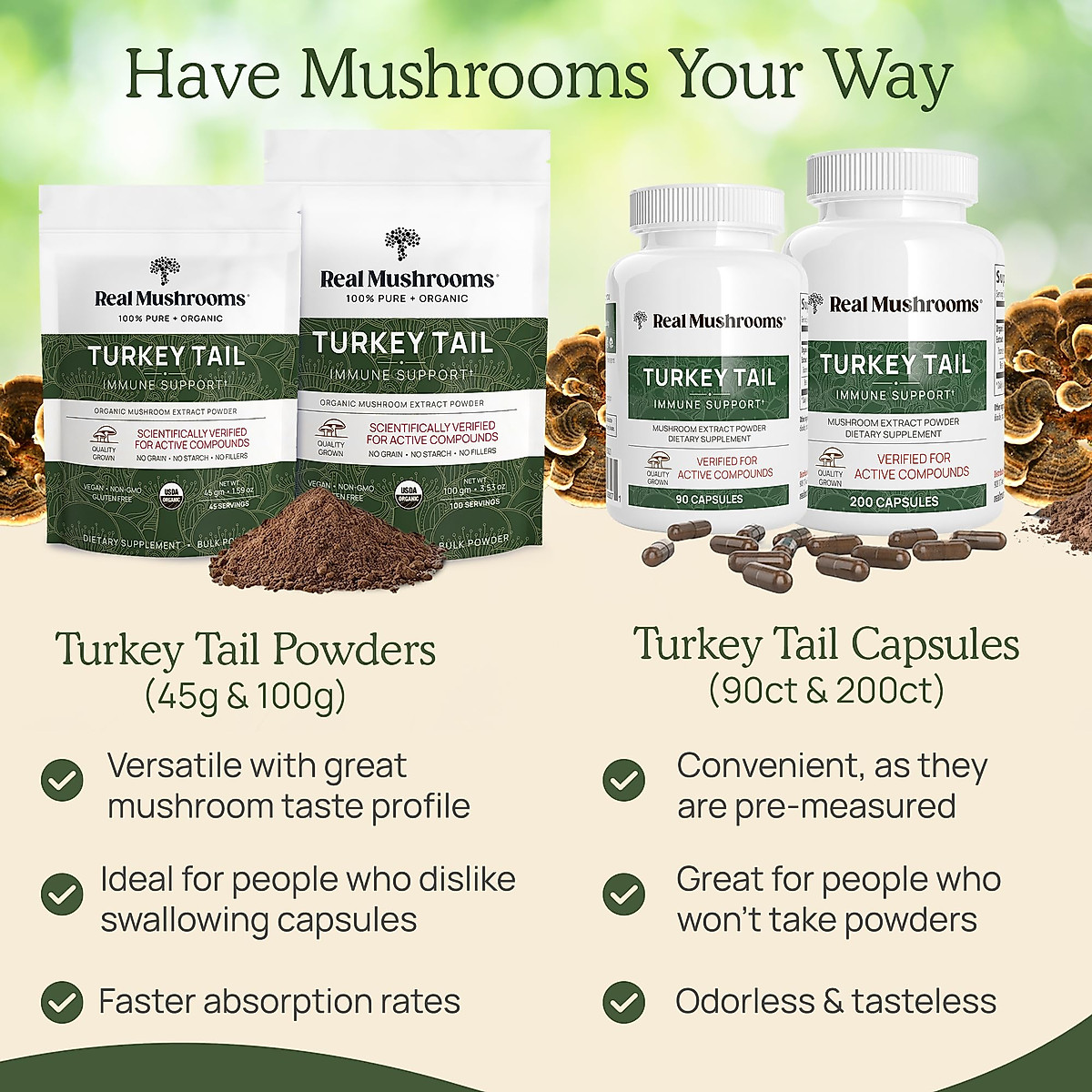Real Mushrooms Turkey Tail (45g) and 5 Defenders (45g) Mushroom Extract Powder Bundle - Mushroom Supplement for Immune Strength - Vegan, Non-GMO Immunity Supplement