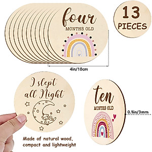 13 Pieces Baby Monthly Milestone Wooden Cards Boho Rainbow Double Sided Printed Milestone Discs Wood Gift Photo Prop Discs Sets Birth Announcement Sign for Baby Shower Newborn