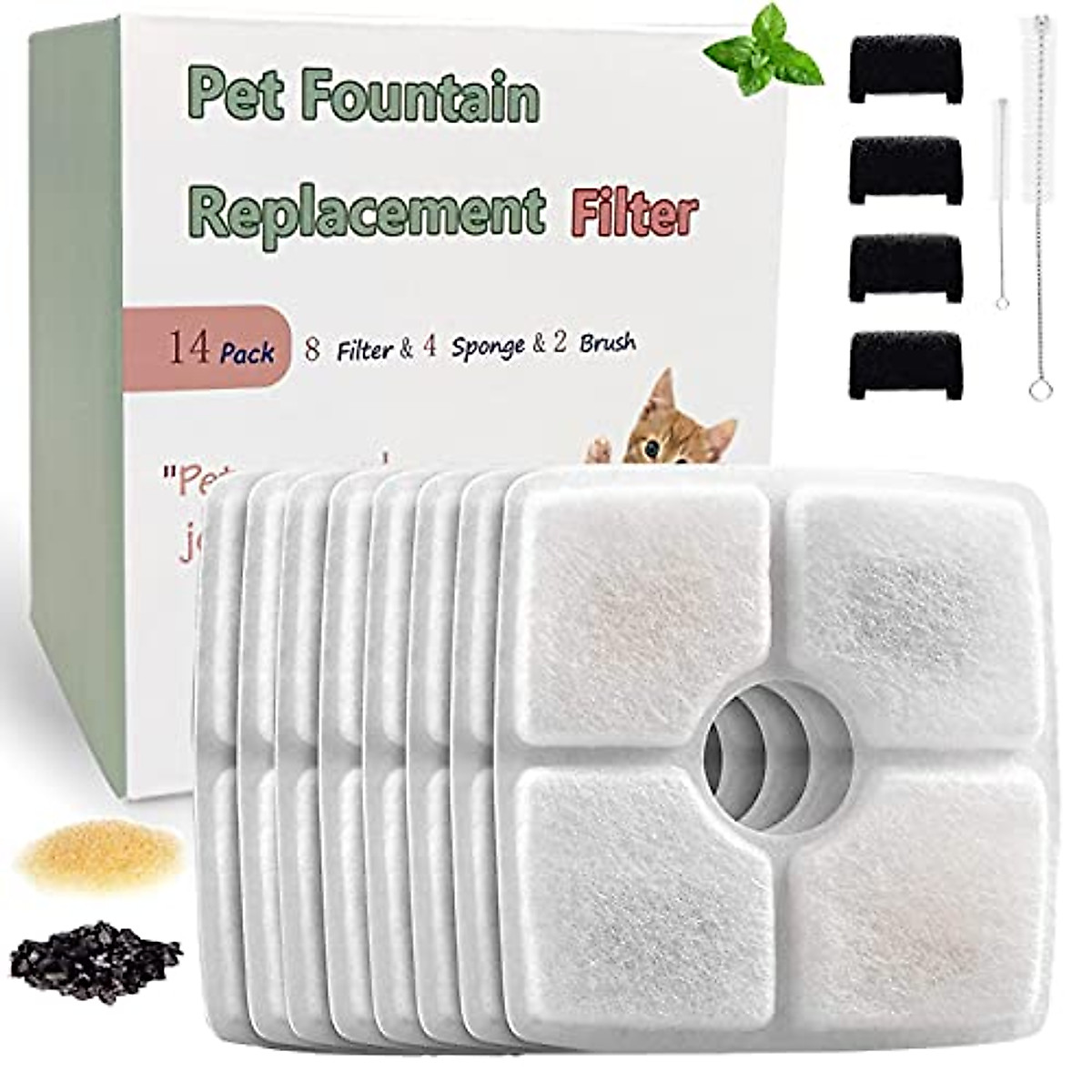 Aroundu Cat Fountain Filter Replacement 14 Packs for 84oz/2.5L Suqare Fountain 8 Filter 2 Brush 4 Sponge Included
