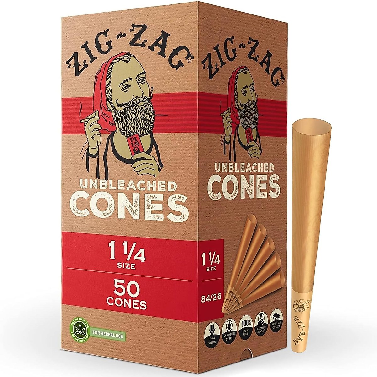 ZIG-ZAG Pre-Rolled Cones - Natural Unbleached Pre Rolled Rolling Papers Bulk Pack - Easy to Use and Convenient - 1 ¼-Inch Size - Pack of 50