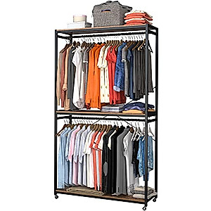TOPSKY Clothes Rack, Clothing Garment Rack on Wheels, 3 Tiers Shelves Double Hanging Rod Clothes Garment Racks with Storage Shelves Heavy Duty (Rustic Brown)