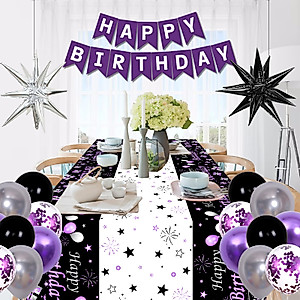 Black Purple Birthday Decorations for Women Girls Men, Purple and Silver Party Decorations Happy Birthday Backdrop Banner Confetti Star Silver Black Purple Balloons Arch Tablecloth Party Supplies