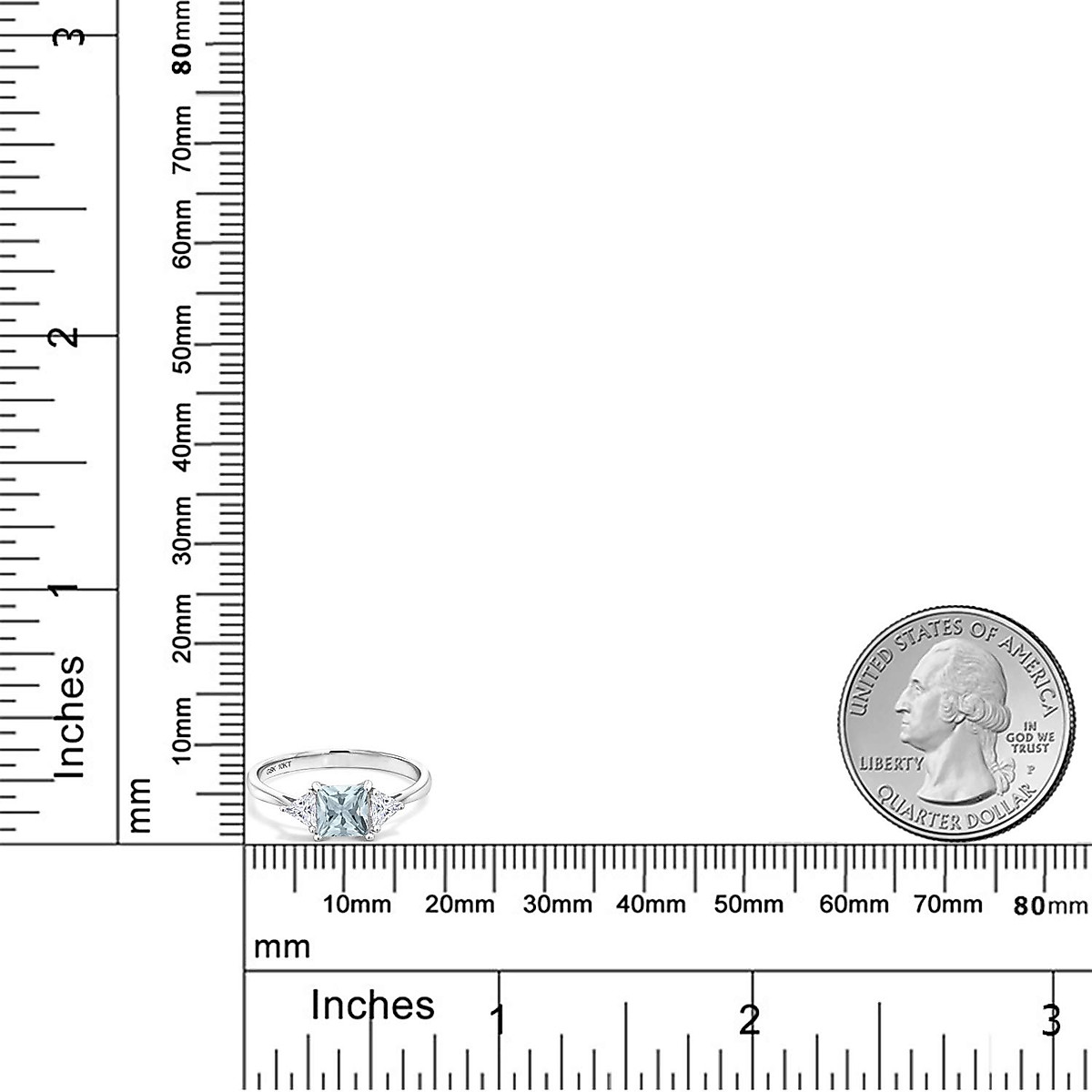 10K White Gold Sky Blue Aquamarine and White Moissanite from Charles & Colvard 3 Stone Engagement Ring For Women (0.82 Cttw, March Birthstone, Princess 5MM, Trillion 3.5MM) (Size 7)