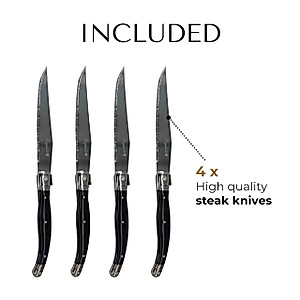 JS Gourmet Steak Knives Set of 4, Forged Stainless Steel, Serrated Steak Knife, Laguiole French Style with Crafted Black Handle, for Meats, Fish, Bread and Cheeses