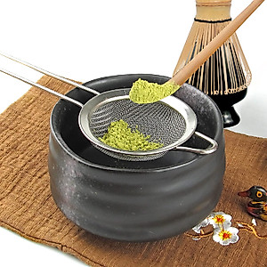 Artcome 10Pcs Japanese Matcha Tea Set, Matcha Bowl, Matcha Whisk, Whisk Holder, Traditional Scoop, Tea Spoon, Tea Cloth, Bamboo Holder, Scoop Holder, Matcha Powder Caddy, Matcha Powder Strainer(Black)