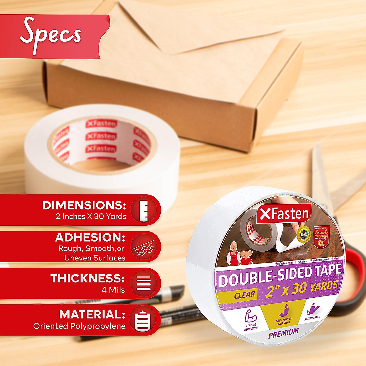 XFasten Double Sided Tape Clear, Removable, 2-Inch by 30-Yards, Ideal as a Gift Wrap Tape, Holding Carpets, and Woodworking