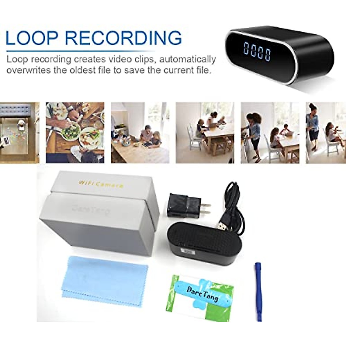 Hidden Camera Clock,HD 1080P WiFi Alarm Clock Camera with Night Vision/Motion Detection/Loop Recording Wireless Security Camera,Monitor Video Recorder Nanny Cam No Audio