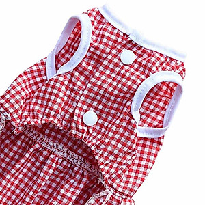 Dog Girl Plaid Princess Dress with Bowknot + Dog Leash for Wedding Party Summer Beach,Puppy Sleeveless Cool Breathable Apparel Party Outfit Red
