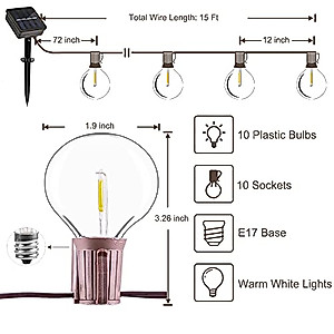 ALL FORTUNE Solar Outdoor String Lights, 15FT G50 Patio Lights String Waterproof with 10 Warm White LED Shatterproof Bulbs, Perfect for Garden, Backyard, Pergola, Party, Cafe, Camping Decoration