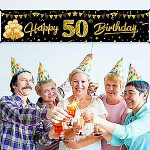 Happy 50th Birthday Banner Decorations, Black Gold 50 Birthday Sign Party Supplies for Men Women, Fifty Birthday Decor Photo Booth Props for Outdoor Indoor