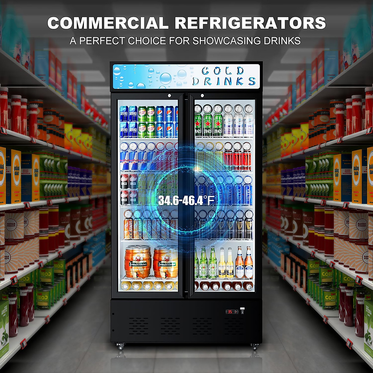 ECEVT 30 Cu.ft. Commercial Beverage Refrigerators Glass Door Refrigerator Upright Display Cooler with Soft LED Light and Adjustable Shelves for Restaurant Grocery Stores Home, Black