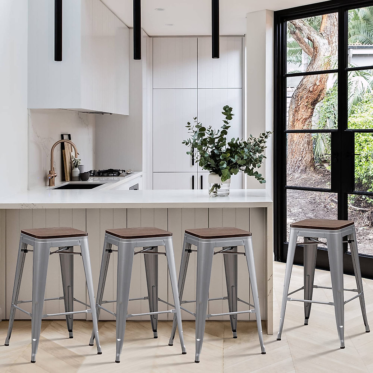 Alunaune 24" Metal Counter Height Bar Stools Set of 4 Industrial Backless Kitchen Patio Counter Stool Stackable Barstools Wood Top- 24inch, Silver