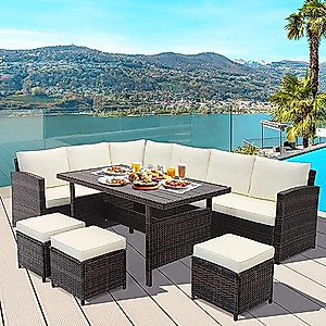 Tangkula 7 Pieces Wicker Patio Furniture Set, Rattan Sofa with Coffee Table, Ottomans & White Cushions, Sectional Conversation Sofa Set for Porch, Poolside, Balcony Yard Garden (White)