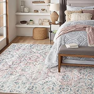 LIVEBOX Washable Rugs 8x10 for Girls Bedroom, Light Pink Area Rugs for Girls Room, Soft Non-Shedding Boho Living Room Rugs, Low-Pile Floral Rug Faux Wool Bedroom Rug 8x10 Under Bed, Blush/Blue