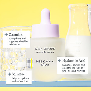 Beekman 1802 Milk Drops Ceramide Facial Serum - Squalane Oil, Hyaluronic Acid & Goat Milk Face Moisturizer - Boosts Skin Radiance & Hydrates Deeply - Fragrance Free - For Oily/Acne Prone Skin