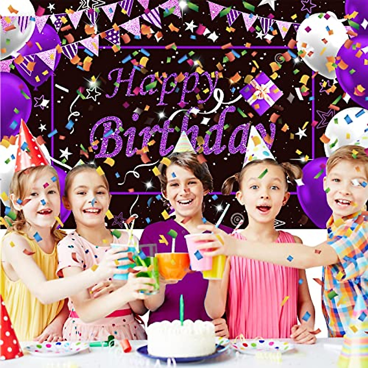 Black Purple Birthday Decorations, Happy Birthday Backdrop for Women Girls Men 13th 16th 18th 21st 30th 40th 50th 60th Birthday Party Decorations Purple, Black Silver and Purple Balloon Arch Kit