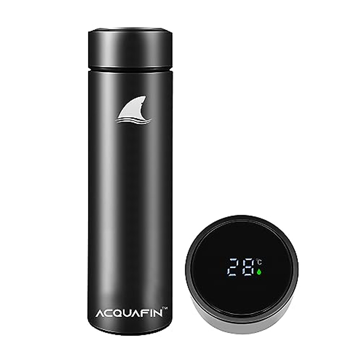 ACQUAFIN Vacuum Insulated Water Bottle - Digital Tumbler with Smart LED Temperature Display - Leak Proof 24H Thermos for Travel, School, Sports, Coffee, Tea, and Cold Drinks 500ML (Black).