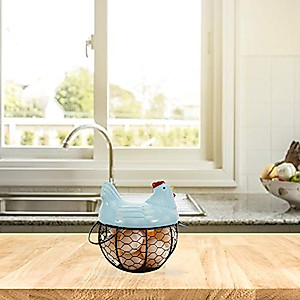 Round Chicken Wire Egg Baskets, Rustic Metal Egg Baskets for Fresh Eggs with Handle, Egg Holder Countertop Basket with Ceramic Lids, Country Farmhouse Vintage Style Gathering