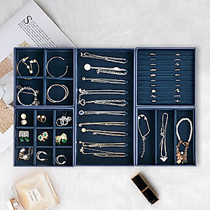 ProCase Jewelry Organizer Jewelry Tray Jewelry Drawer Inserts Mothers Day Gift, Set of 5 Stackable Jewelry Drawer Dividers Container Necklace Display Trays Storage Box for Dresser- Darkblue